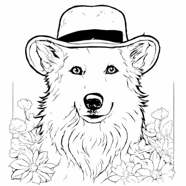 Descarga Retrato caprichoso de perro con sombrero y flores Páginas para colorear En Línea ...