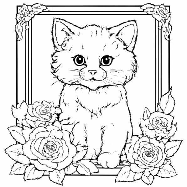 Télécharger Mignon chat entouré de roses Pages de coloriage En Ligne ...