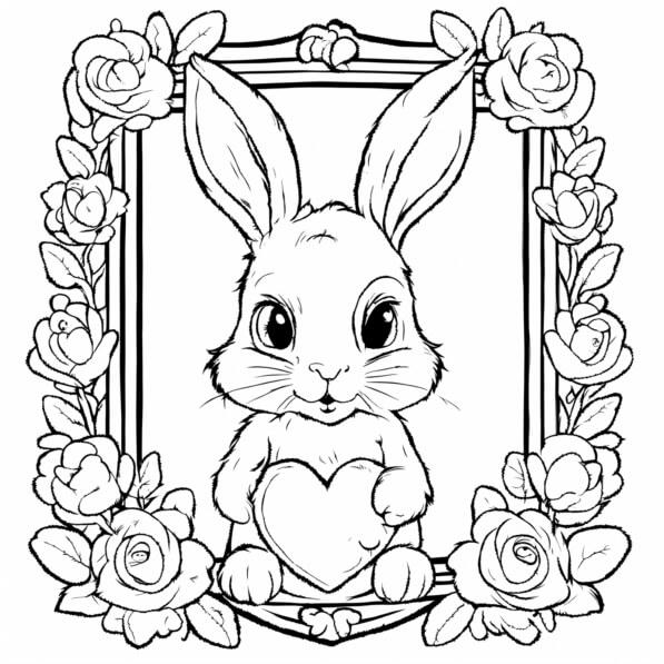 Download Cute Rabbit Holding a Heart in Floral Frame Coloring pages ...