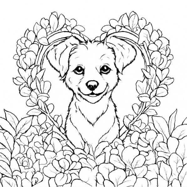 Télécharger Chien mignon dans un cœur floral Pages de coloriage En ...