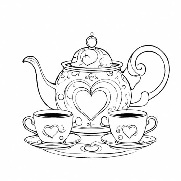 Download Elegant Tea Set with Heart Designs Coloring pages Online ...