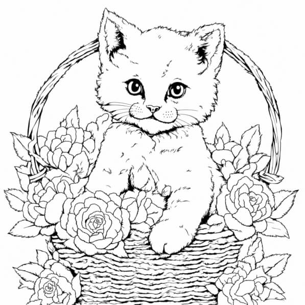 Download Kitten in a Basket with Roses Coloring pages Online - Creative ...