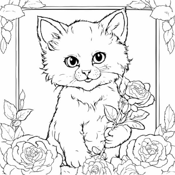 Download Cute Kitten with Roses Coloring pages Online - Creative Fabrica