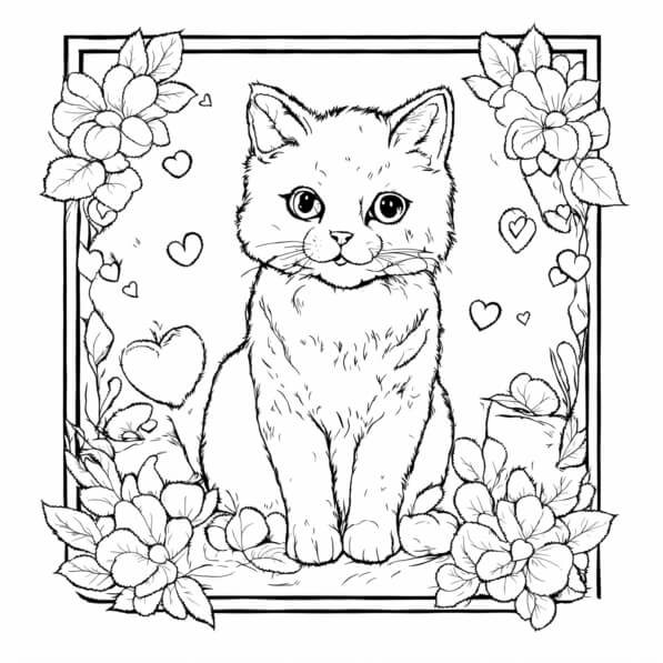 Download Cute Cat Illustration with Flowers and Hearts Coloring pages ...