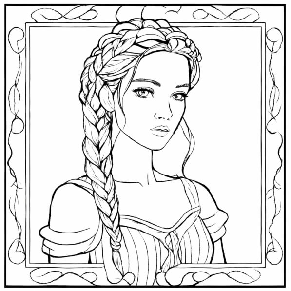 Download Artistic Line Drawing of a Woman with Braided Hair Coloring pages Online - Creative Fabrica