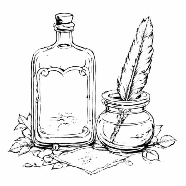 Download Vintage Ink Bottle and Quill Coloring pages Online - Creative ...