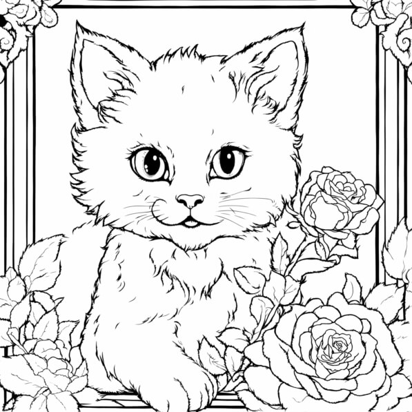 Download Cute Fluffy Kitten with Roses Coloring pages Online - Creative ...