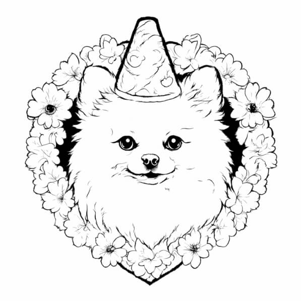 Download Cheerful Pomeranian Dog in Floral Wreath Coloring pages Online ...