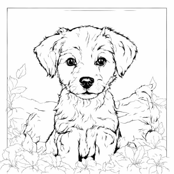 Download Adorable Puppy Surrounded by Leaves and Flowers Coloring pages ...