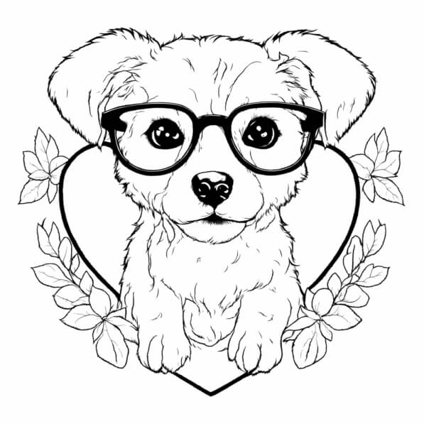Download Cute Puppy in Glasses with Floral Heart Coloring pages Online ...