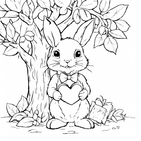 Download Cute Rabbit Holding Heart in Nature Coloring pages Online ...