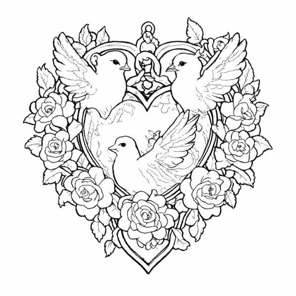 Download Intricate Heart Design with Doves and Roses Coloring pages ...