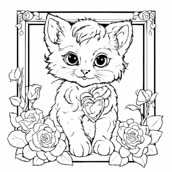 Download Cute Kitten with Roses Coloring Page Coloring pages Online ...