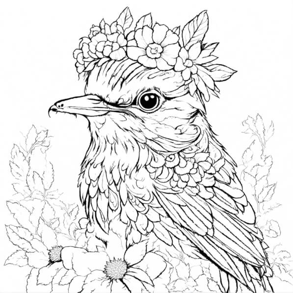 Download Bird with Floral Crown Coloring pages Online - Creative Fabrica