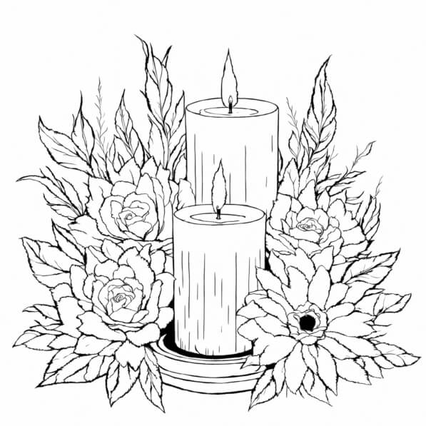 Baixe Arranjo de Velas com Flores Colorir páginas - Creative Fabrica