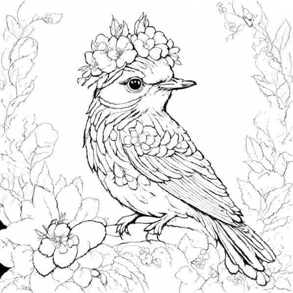 Download Illustrated Bird with Floral Crown Coloring pages Online ...