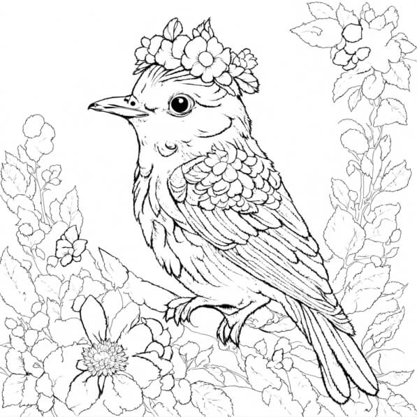 Download Whimsical Bird with Floral Crown Coloring pages Online ...