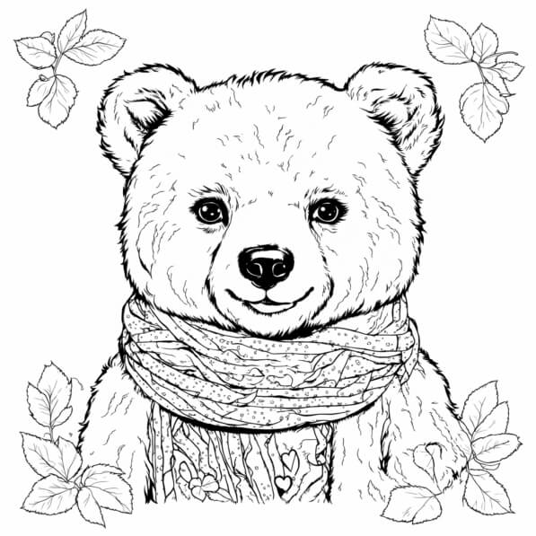 Download Cute Bear with Scarf and Leaves Coloring pages Online ...