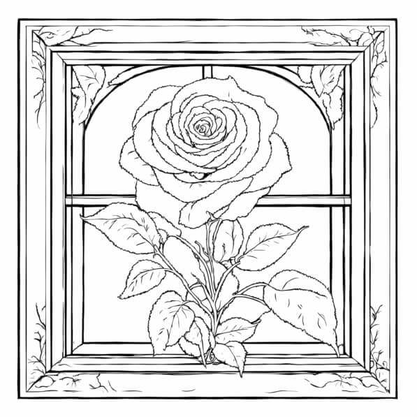 Download Line Drawing of a Rose in a Window Frame Coloring pages Online ...