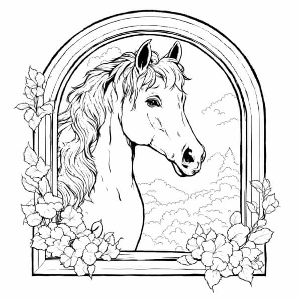 Download Illustration of a Horse in a Floral Frame Coloring pages ...