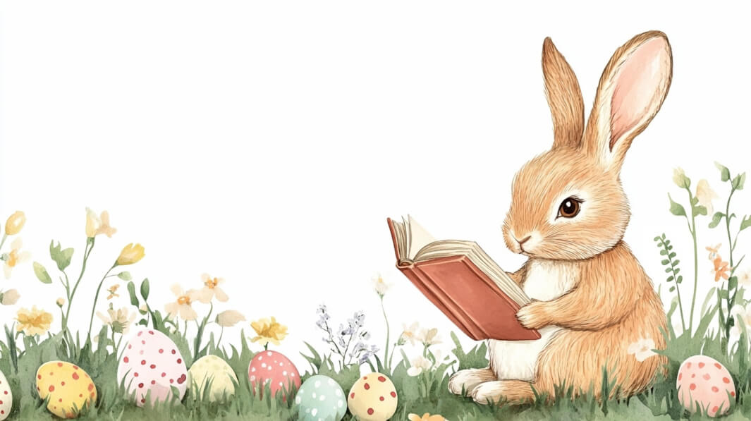 Download Rabbit Reading a Book with Easter Eggs and Flowers Backgrounds ...